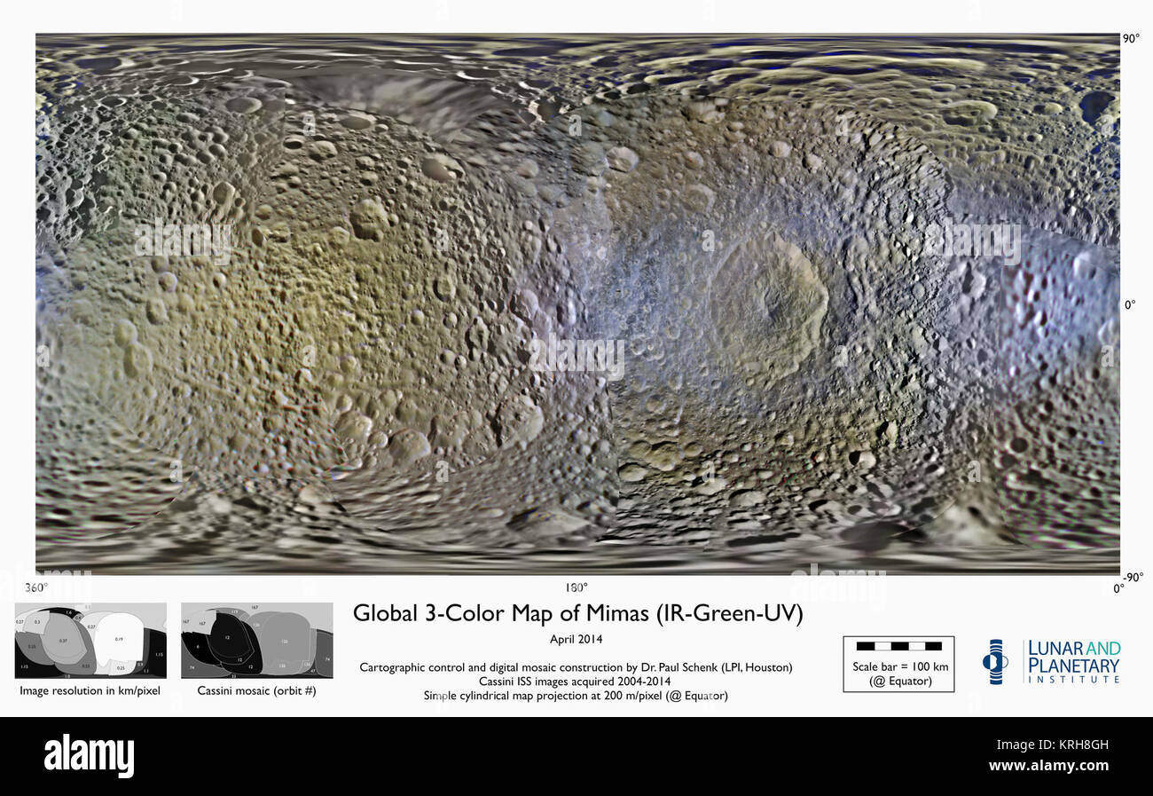 Color map of Mimas PIA18437 Nov. 2014 Stock Photo - Alamy