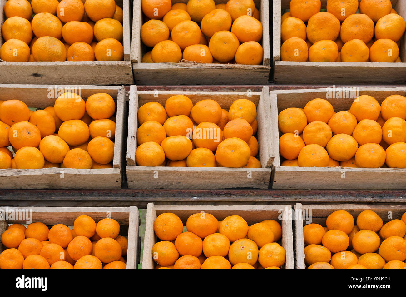 Ripe mandarins in wooden boxes stand in a row Stock Photo - Alamy