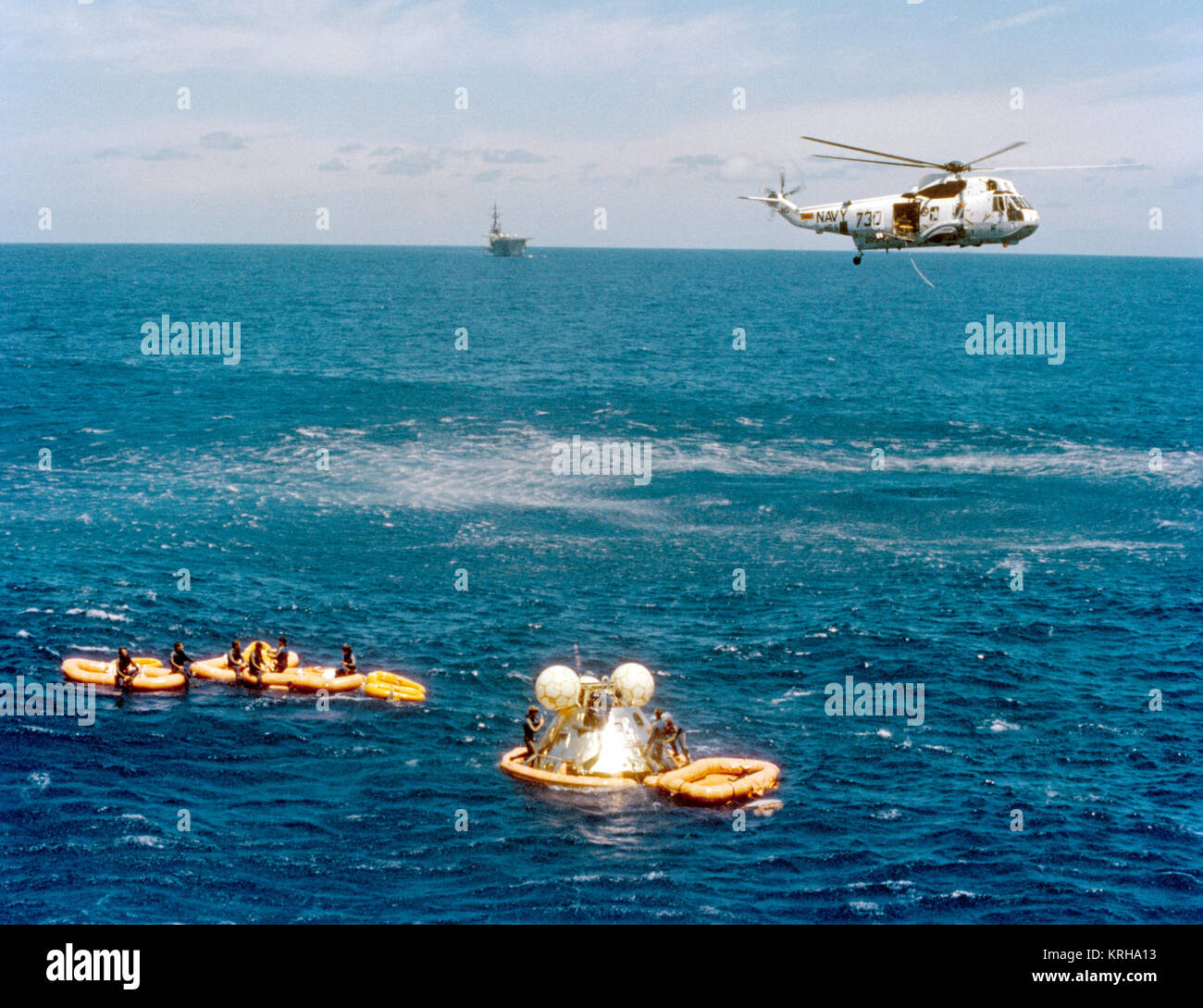 ASTP Apollo command module recovery by HS-6 Sea King in 1975 Stock ...