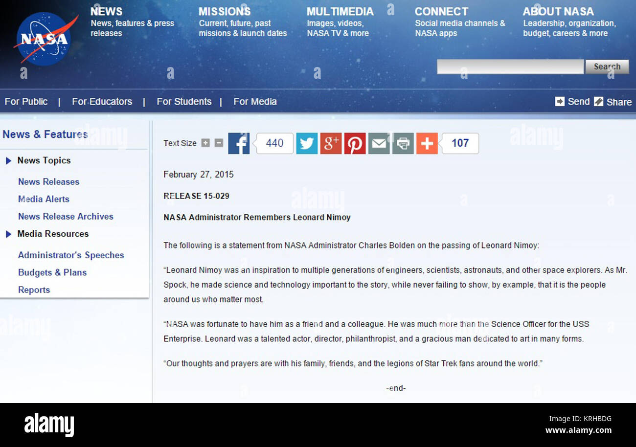 NASA Administrator Remembers Leonard Nimoy Stock Photo - Alamy