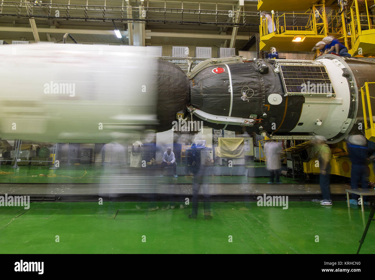 The Soyuz rocket fairing is seen in this long exposure as it ...