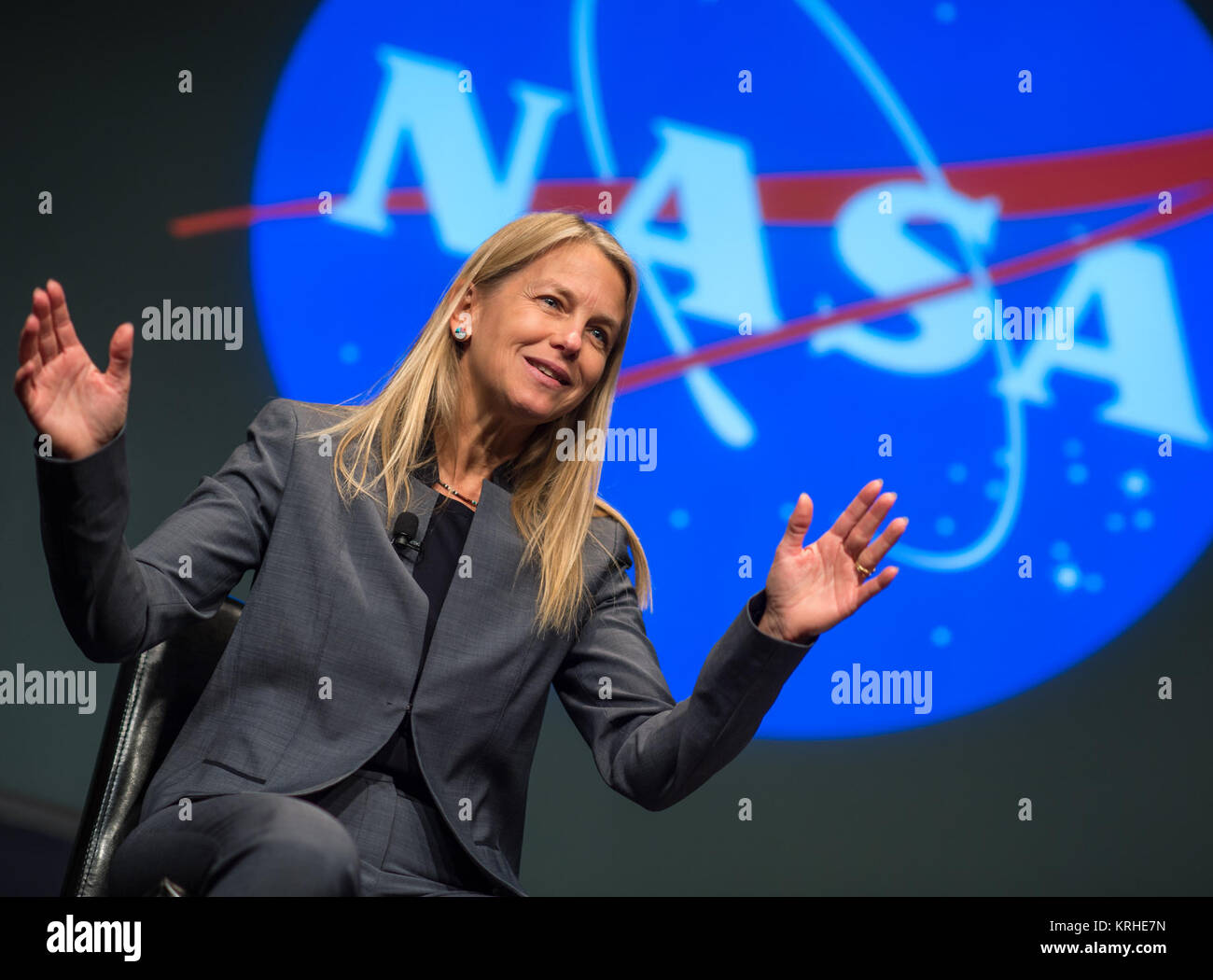 NASA’s new Deputy Administrator Dava Newman is seen during a NASA town ...