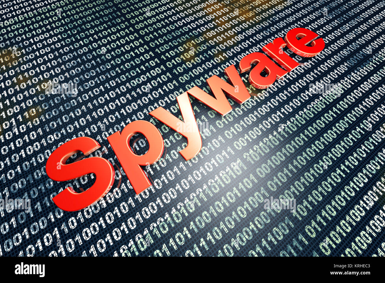 Spyware in the code. Typography in front of digital, binary background ...