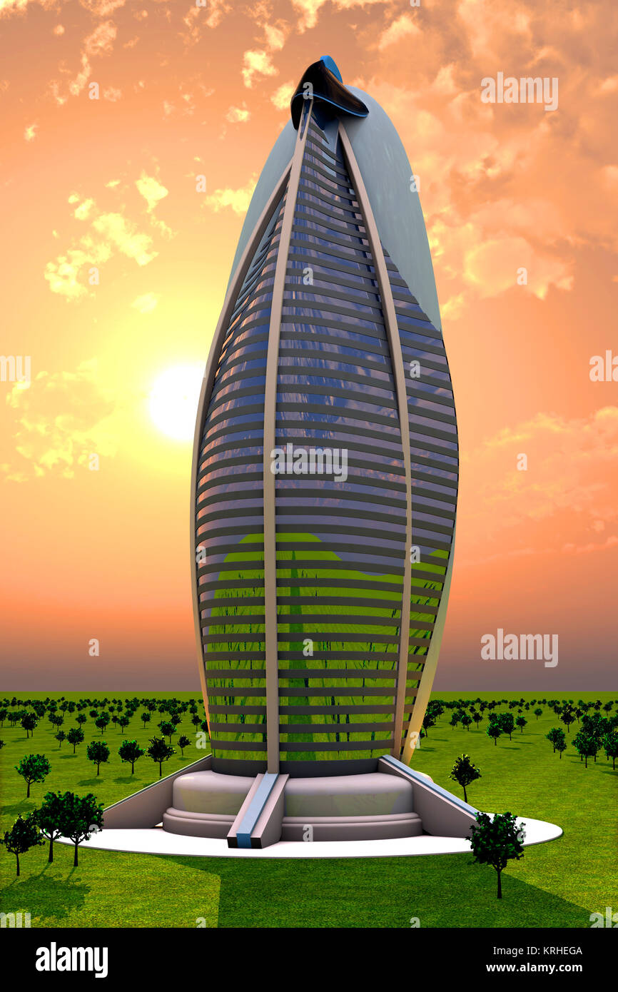 A sunset behind a futuristic Skyscraper. 3D rendered Illustration Stock ...