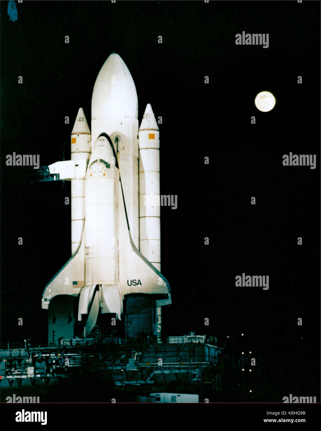 Enterprise on Launch Pad with Moon Stock Photo - Alamy
