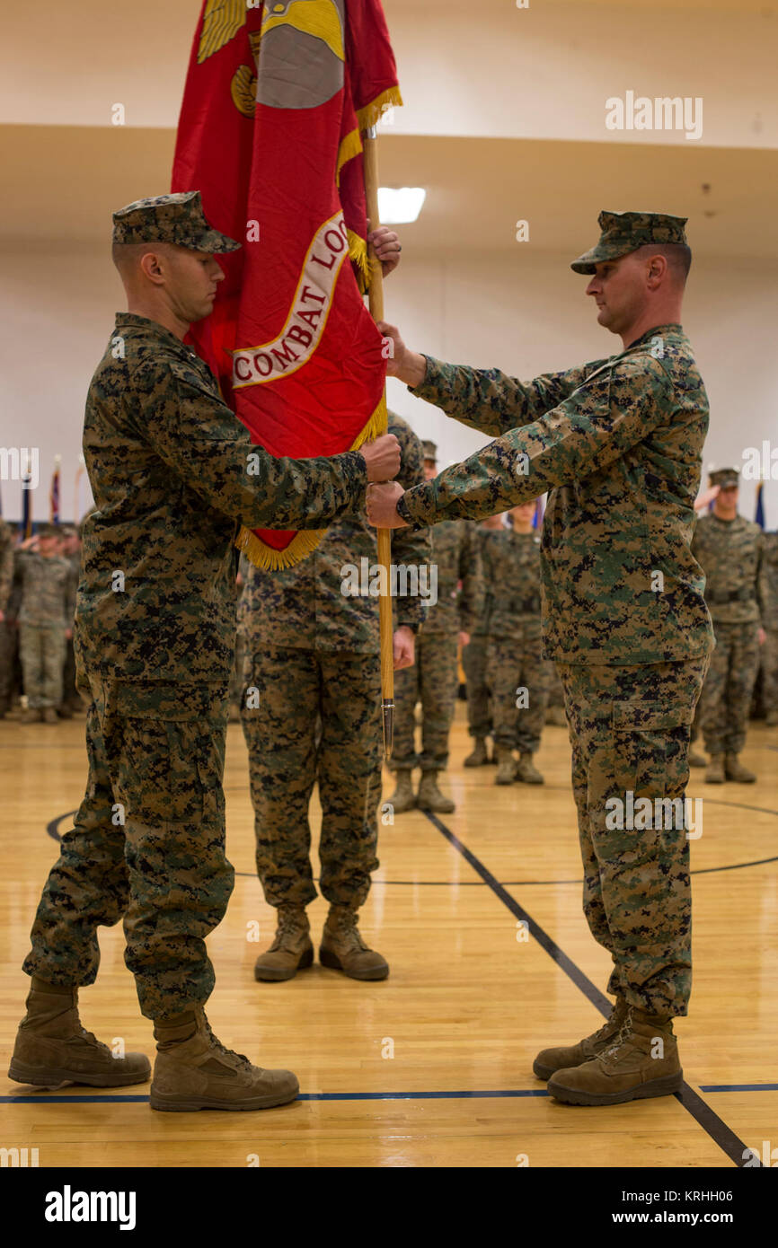 U.S. Marine Corps Lt. Col. Christopher Hafer, right, off-going commanding officer of Combat ...