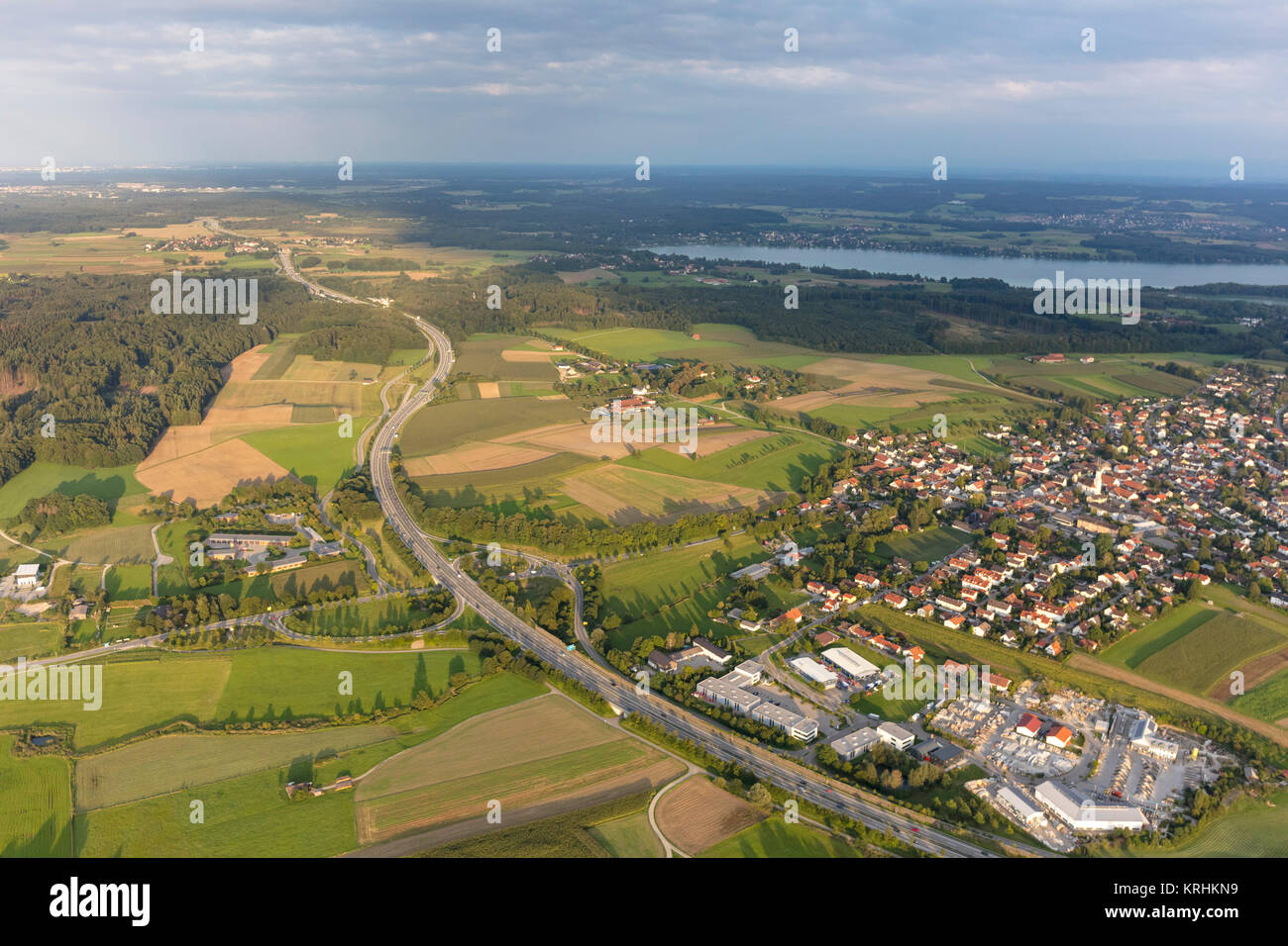 aerial view of Inning am Ammersee, Worthsee in the background and ...