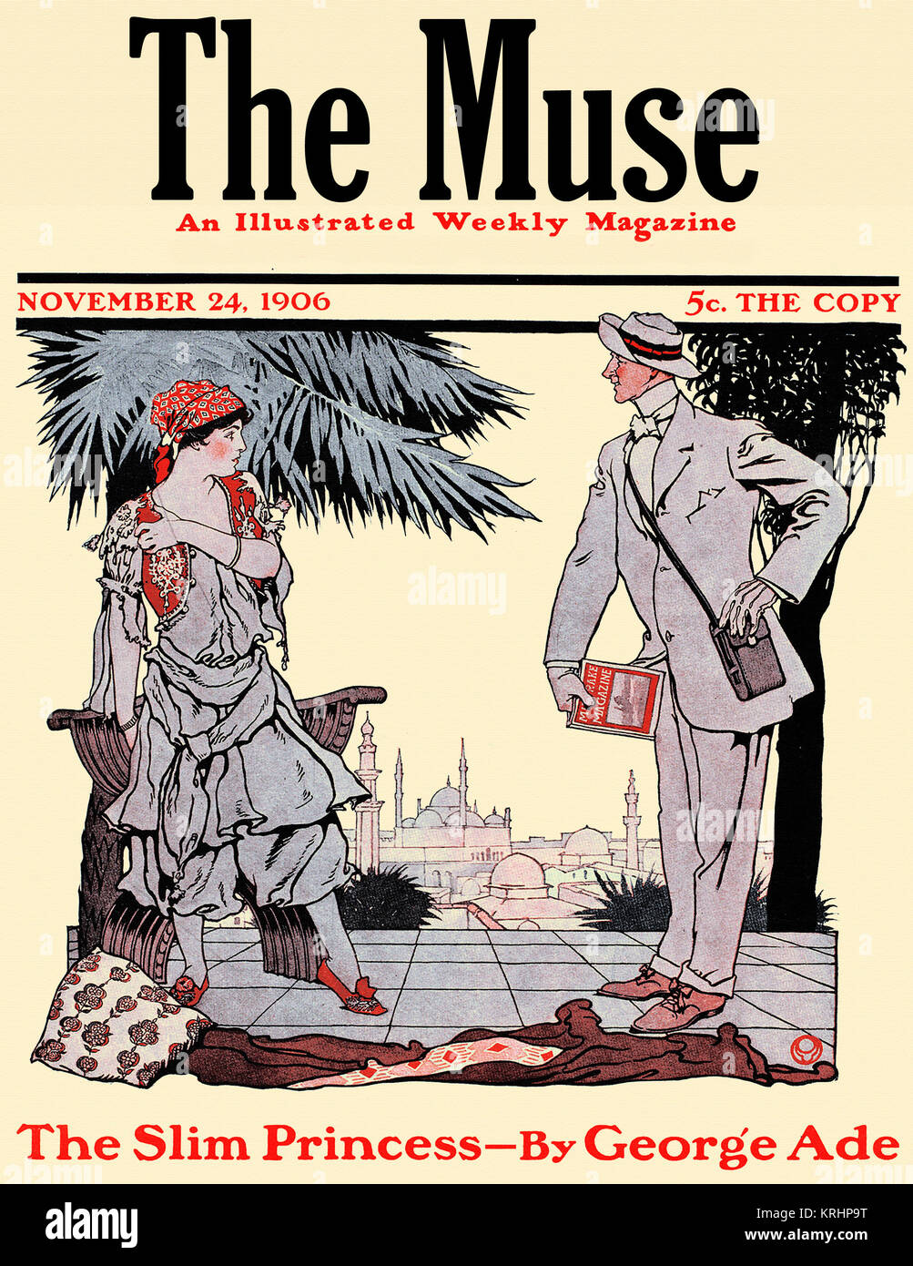 A man stands holding a magazine while gazing at a standing woman Stock ...