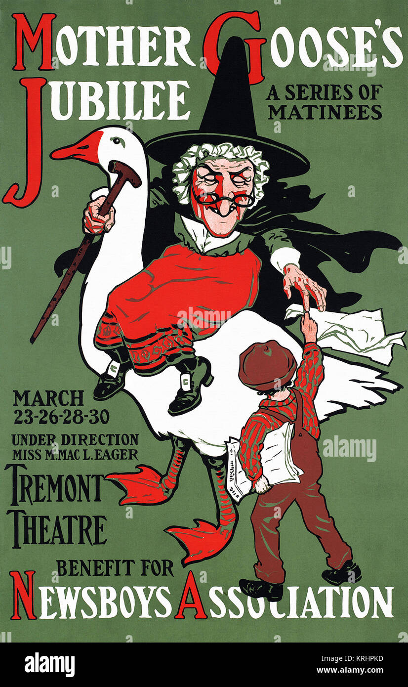 A woman riding a goose is getting a newspaper from a boy Stock Photo ...