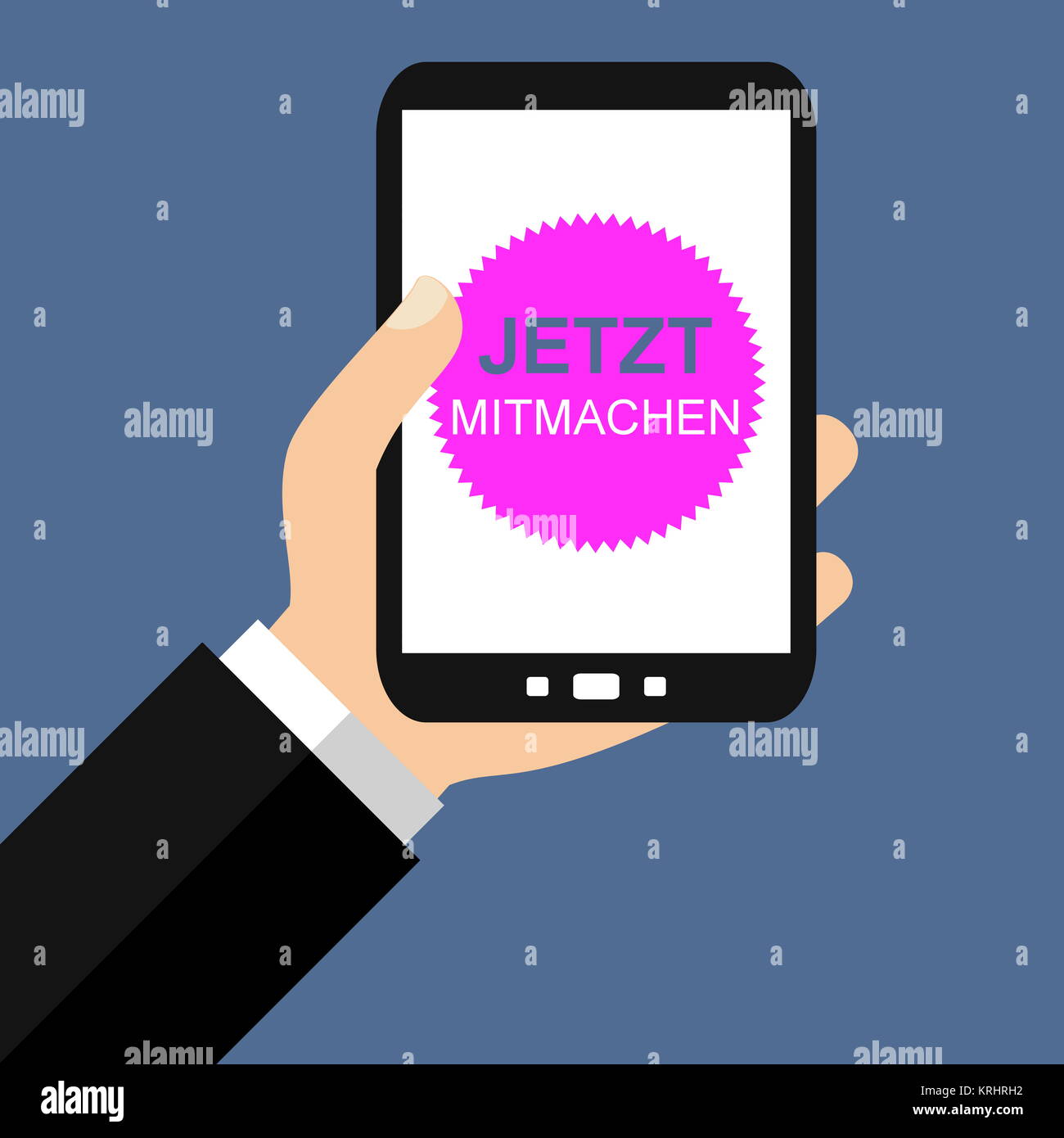 Hand mit Smartphone: Jetzt mitmachen - Flat Design Stock Photo - Alamy