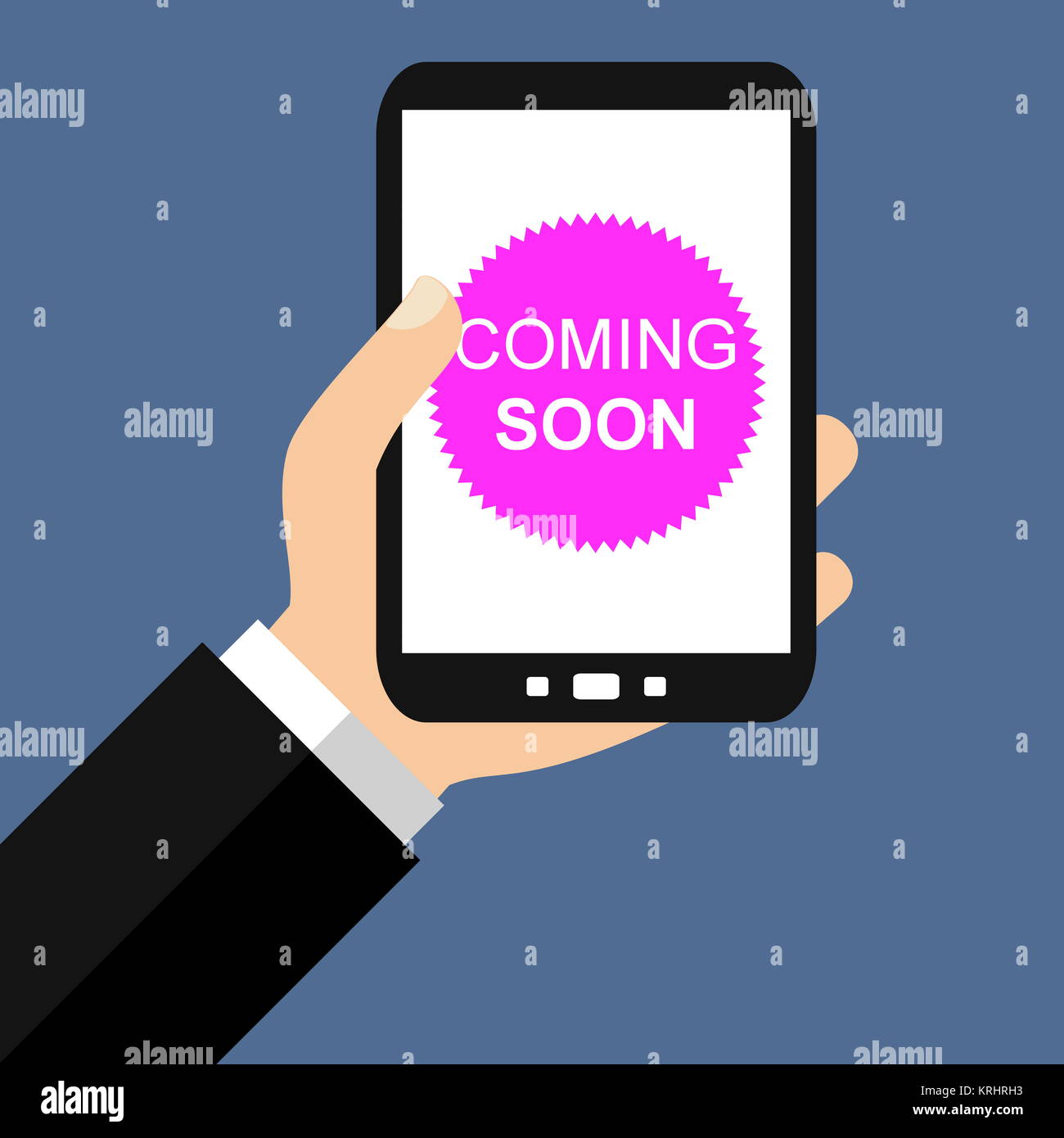 Hand mit Smartphone: Coming soon - Flat Design Stock Photo - Alamy