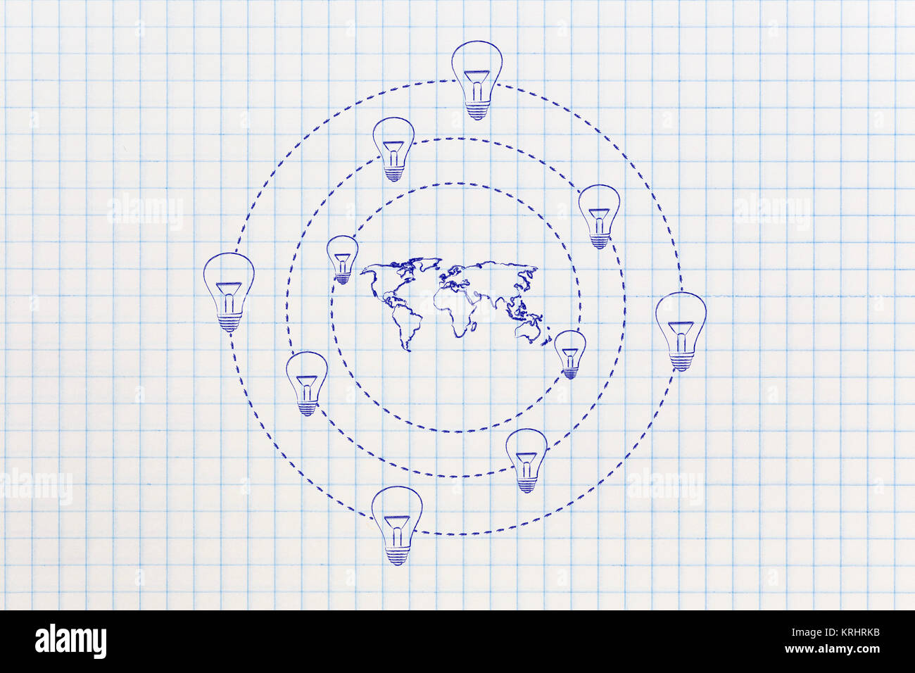 lightbulbs revolving around a map of the world Stock Photo - Alamy