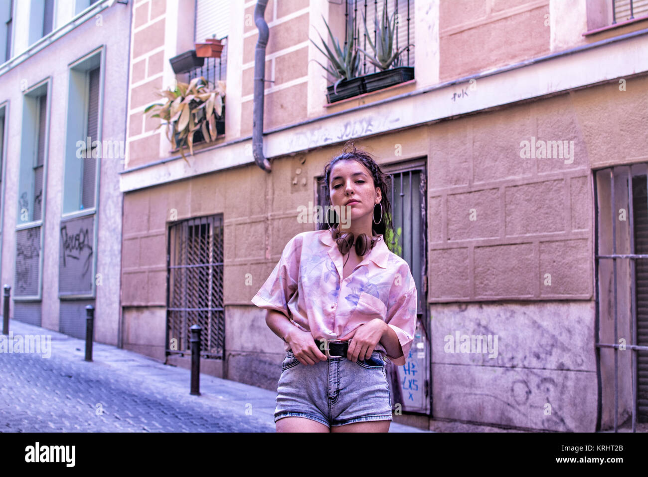 portrait young woman listen music Stock Photo - Alamy