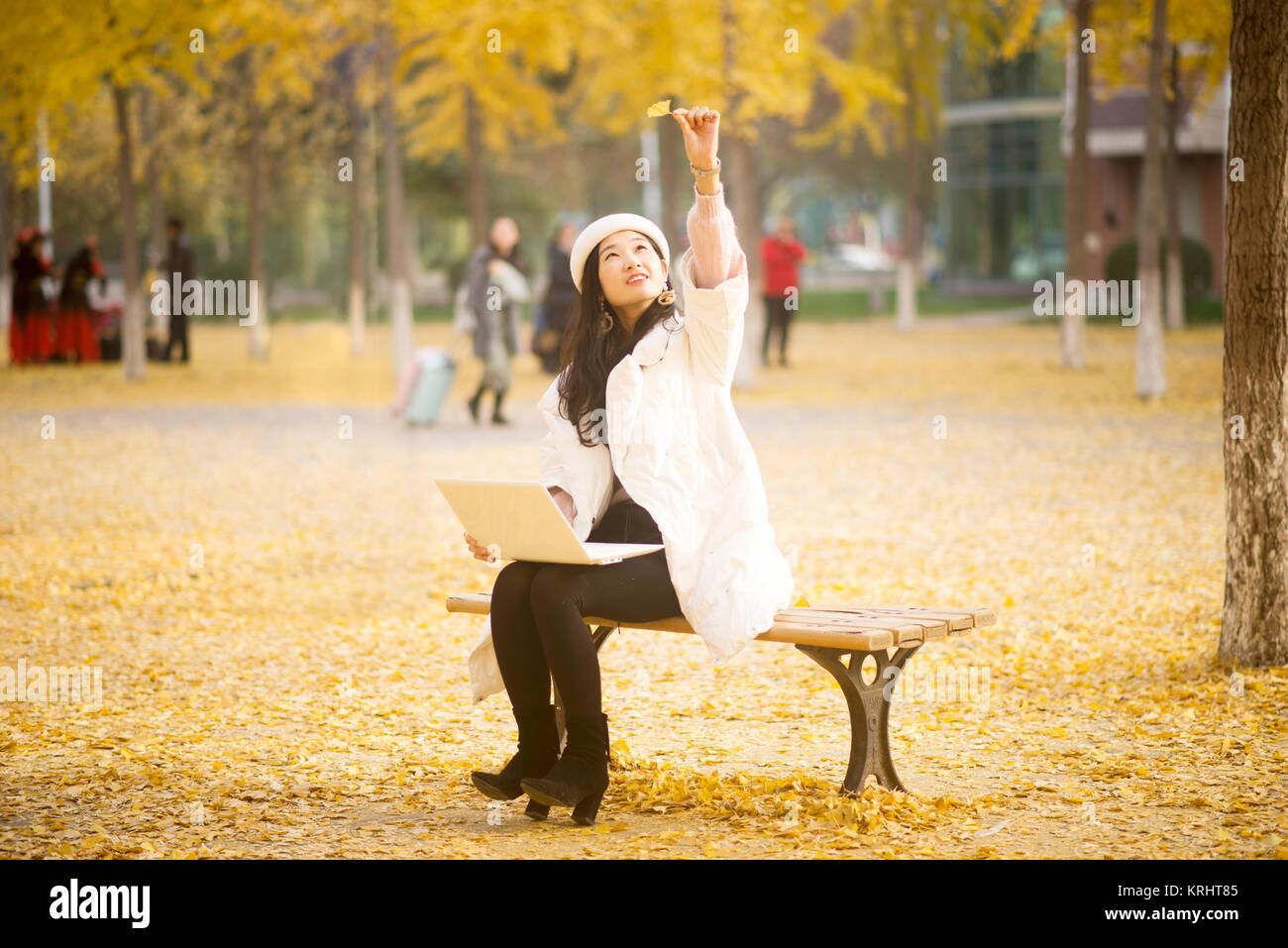 woman portrait working on laptop computer in natural autumn outdoors on ...