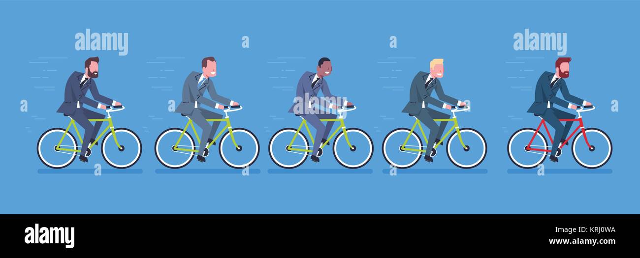 Group Of Mix Race Business Men Wearing Suits Ride Bicycle To Work ...