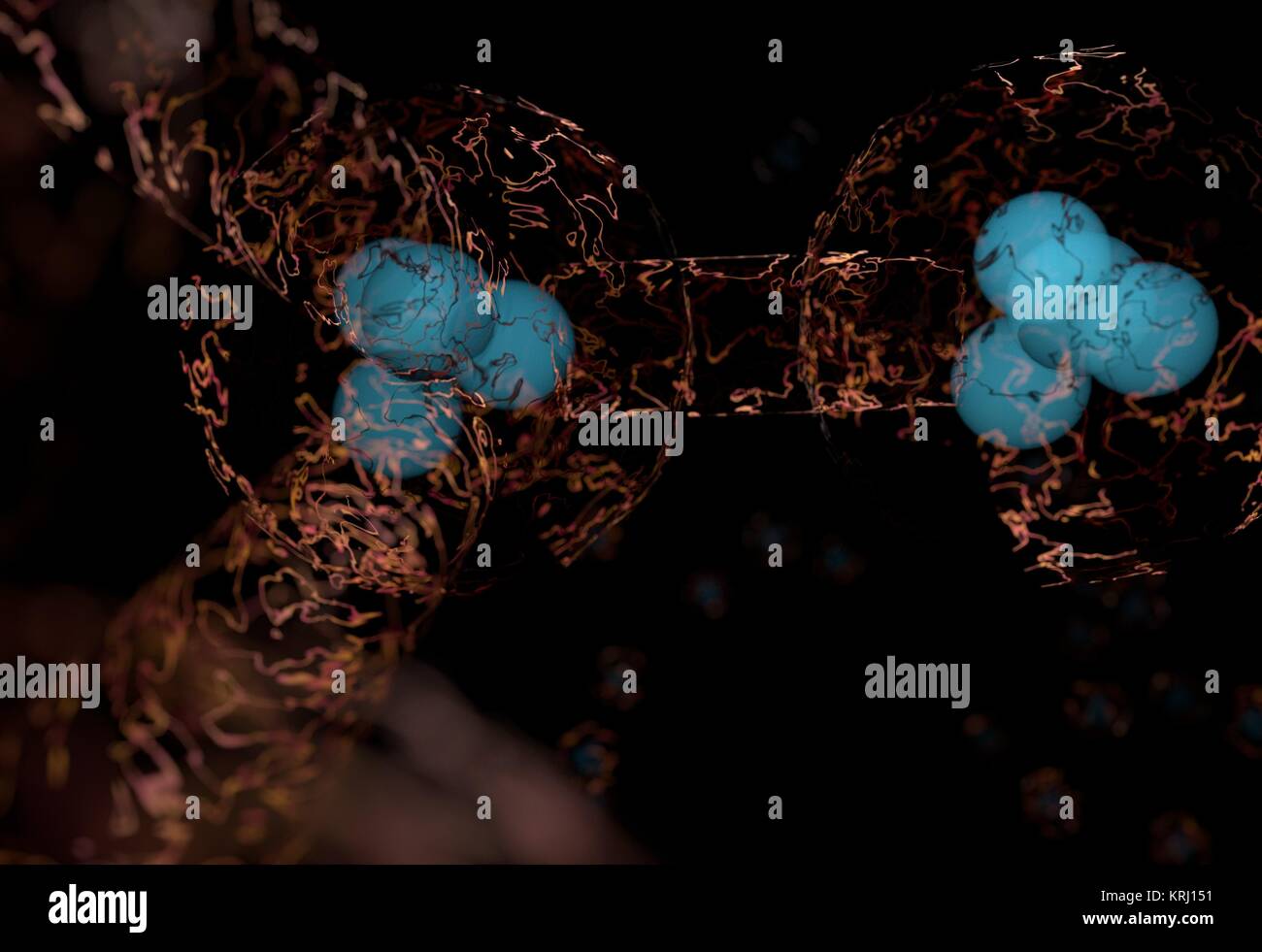 nucleus with electric cloud of electrons and energetic links isolated ...
