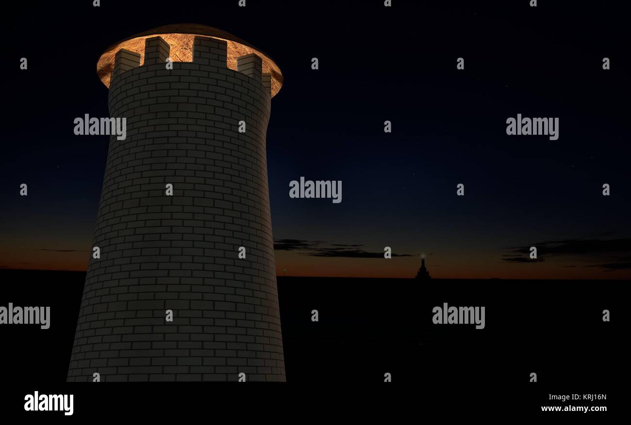 watch tower on sunset sky 3d illustration Stock Photo - Alamy