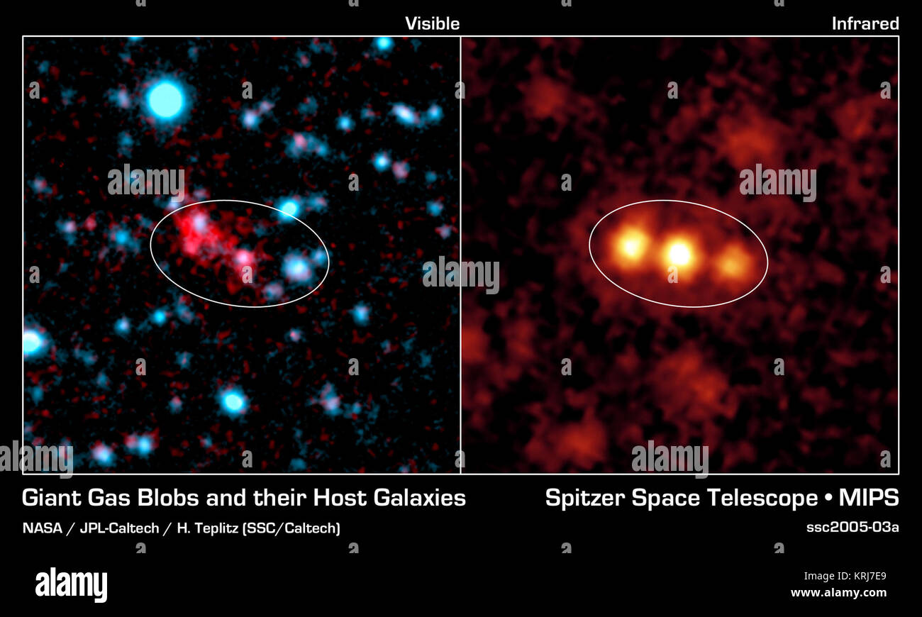 This image composite shows a giant galactic blob (red, left) and the ...