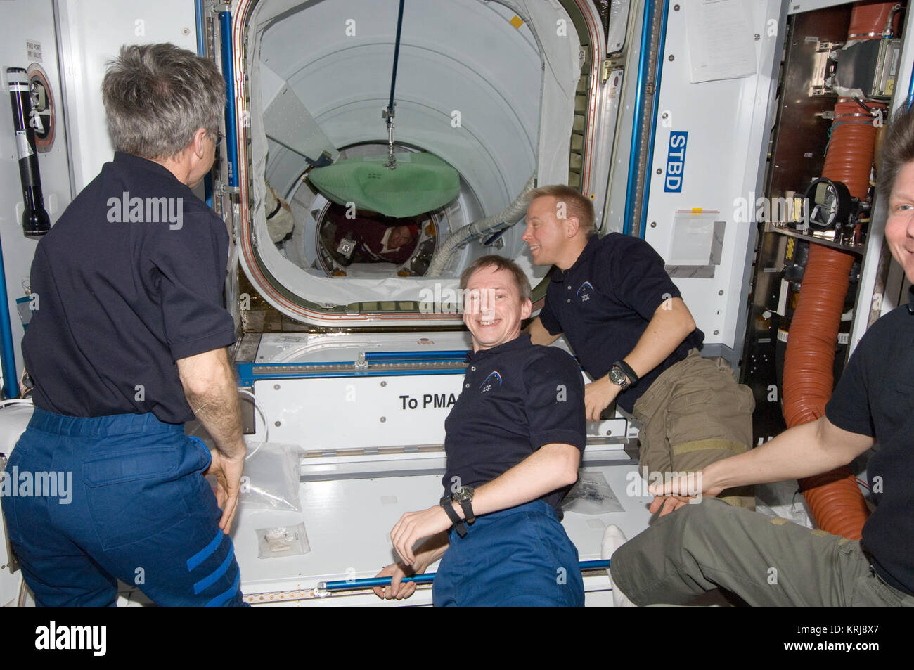 ISS-20 crew awaits the STS-128 crew in the Harmony node Stock Photo - Alamy