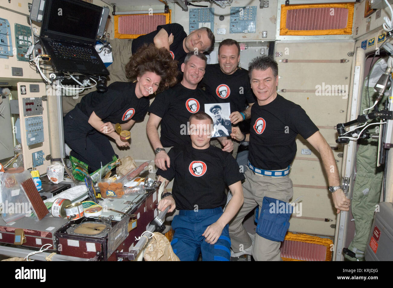 ISS-27 crew in the Zvezda Service Module in honor of Yuri Gagarin Stock ...