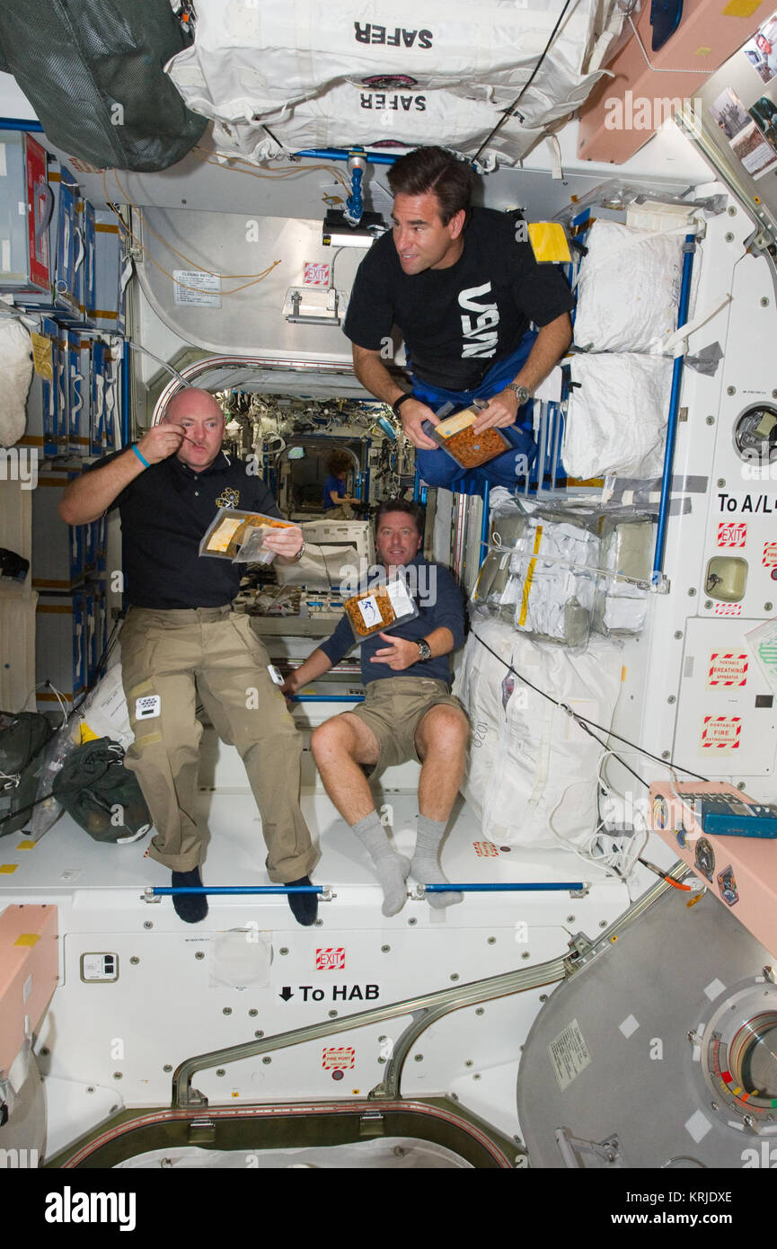 STS-134 Mark Kelly, Roberto Vittori and Greg Chamitoff during a break ...