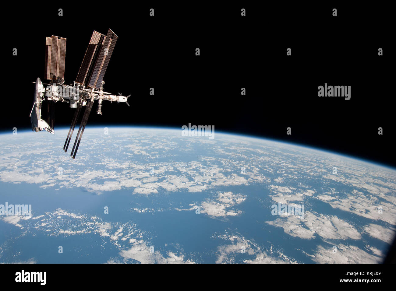 ISS and Endeavour seen from the Soyuz TMA-20 spacecraft 21 Stock Photo ...