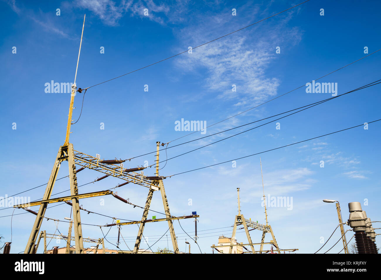 Railway electrification system. Overhead line wire over rail track ...