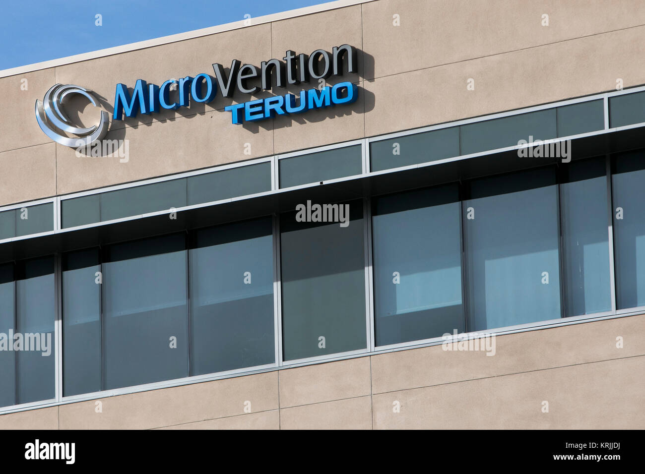 A logo sign outside of the headquarters of MicroVention, Inc., in Aliso ...