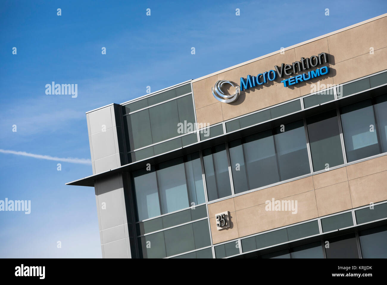 A logo sign outside of the headquarters of MicroVention, Inc., in Aliso ...