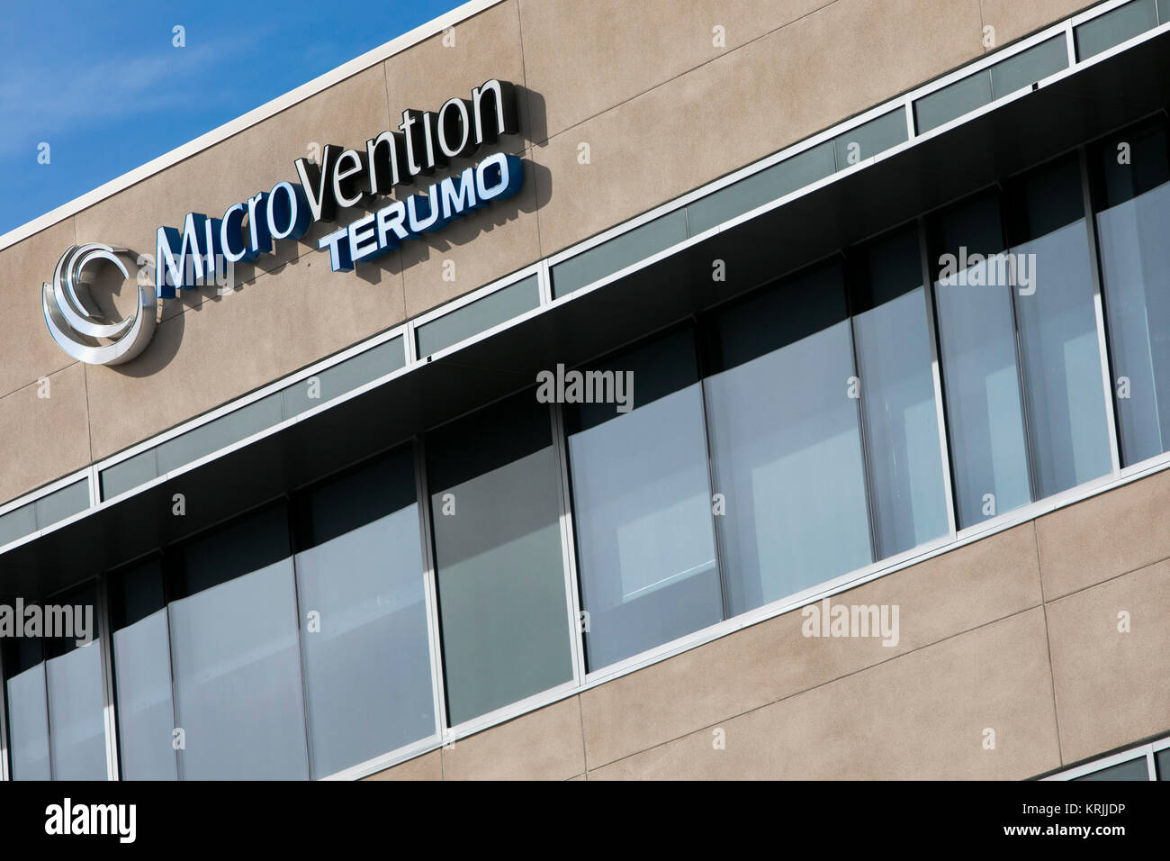 A logo sign outside of the headquarters of MicroVention, Inc., in Aliso ...