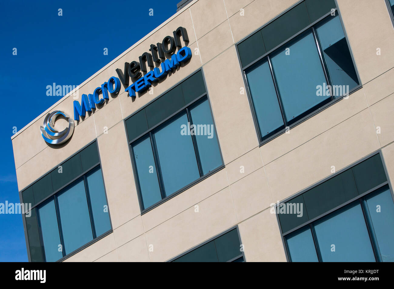 A logo sign outside of the headquarters of MicroVention, Inc., in Aliso ...