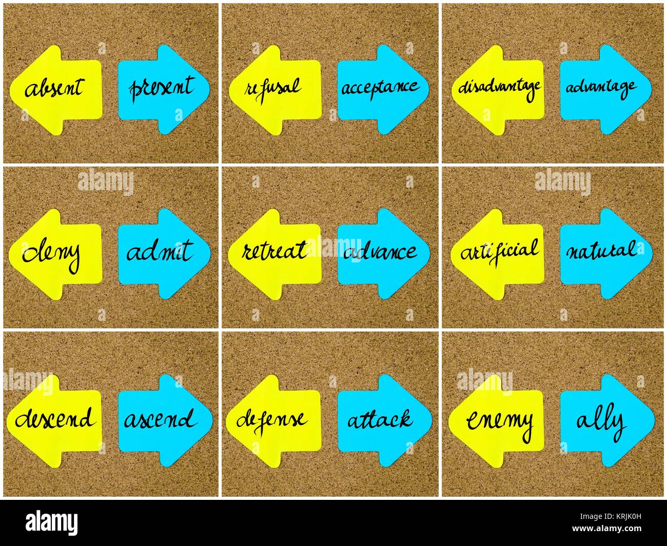 Antonym concepts written on opposite arrows Stock Photo - Alamy