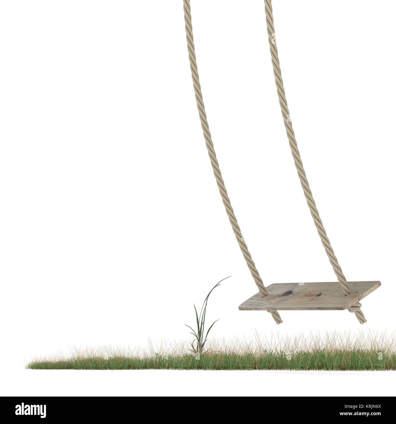 Swing made of rope and a wooden plank over grass ground. 3D Stock Photo ...