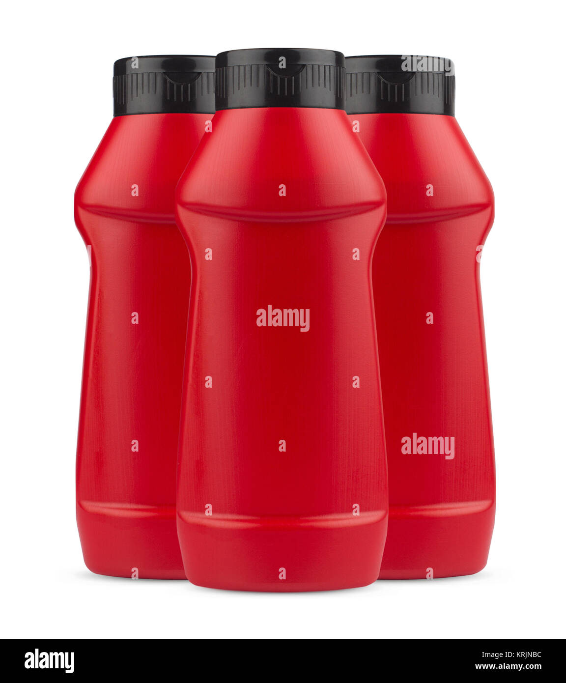 Three red ketchup plastic bottles with no label and black cap Stock ...