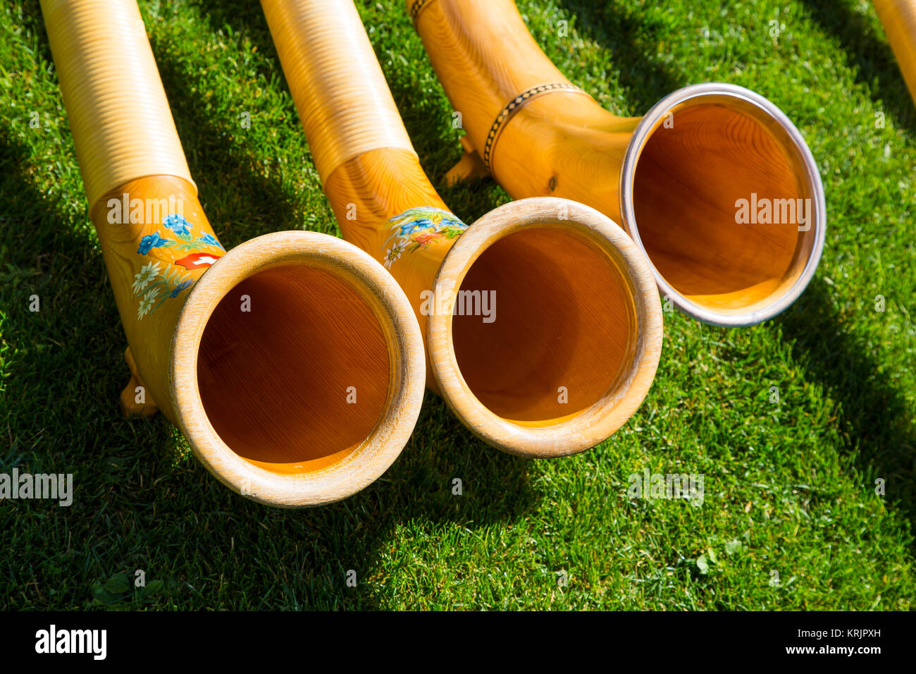 Top view of Alpine horns on green grass Stock Photo - Alamy