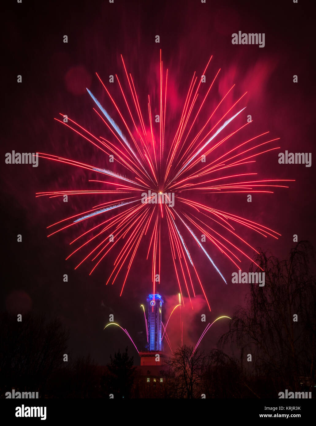 Night fireworks in czech city Ostrava near town hall Stock Photo - Alamy