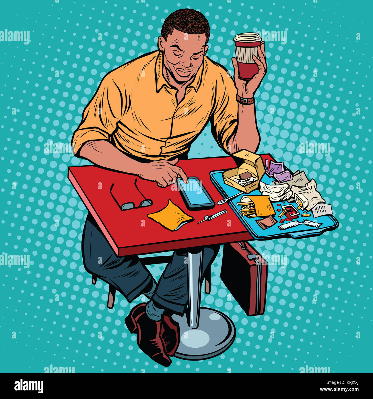 African American man eating at the restaurant fasfud and reads s Stock ...