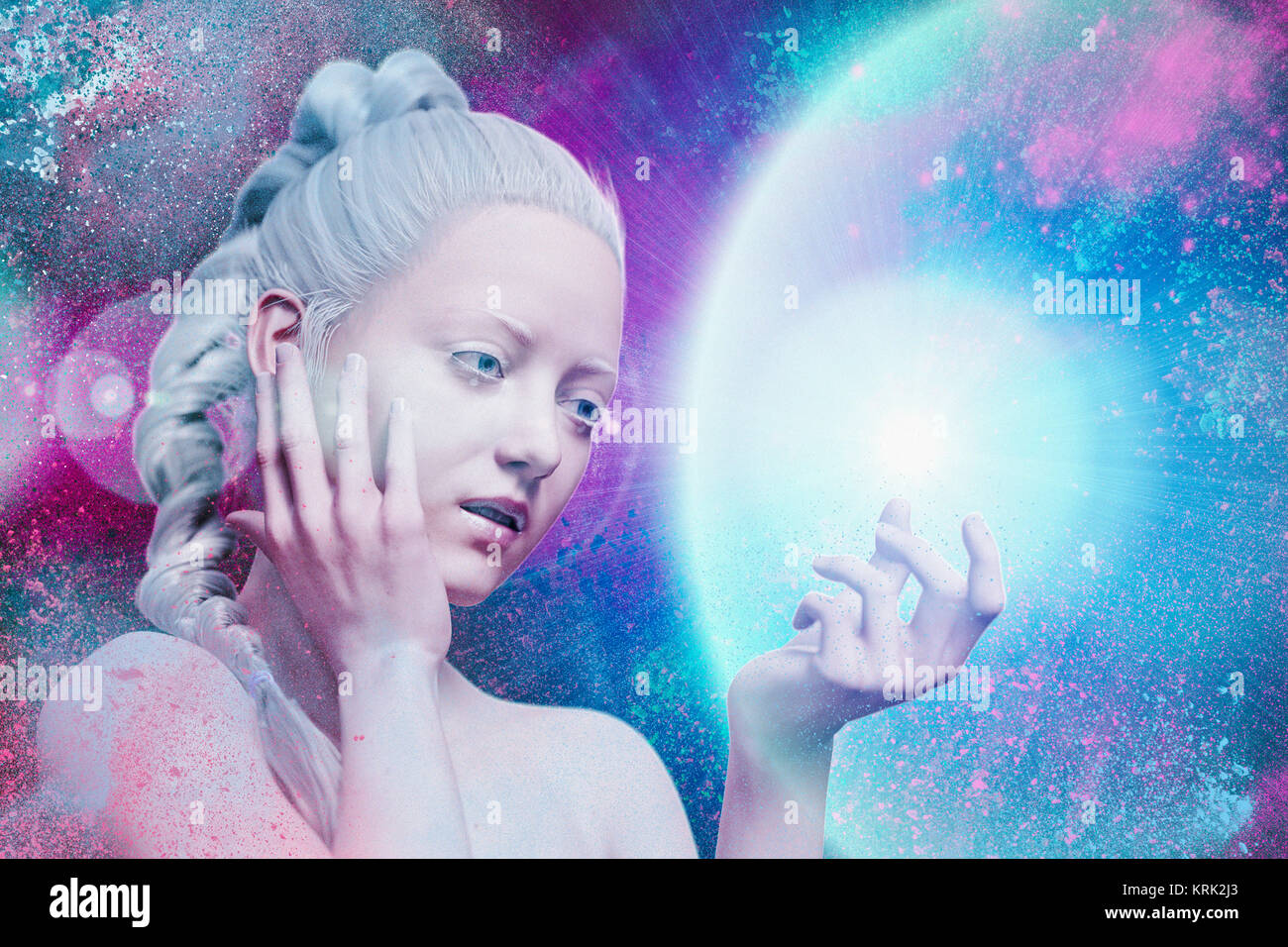Curious woman examining glowing energy Stock Photo - Alamy