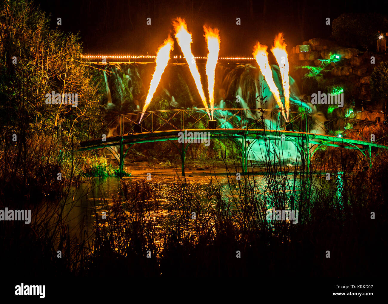 Stunning pyrotechnics on the bridge at the cascade as part of the ...