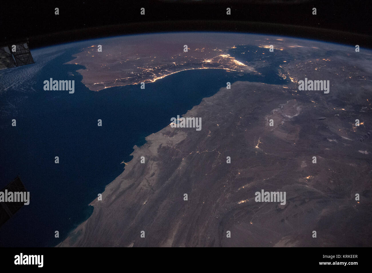 ISS-46 Gulf of Oman with Strait of Hormuz at night Stock Photo - Alamy