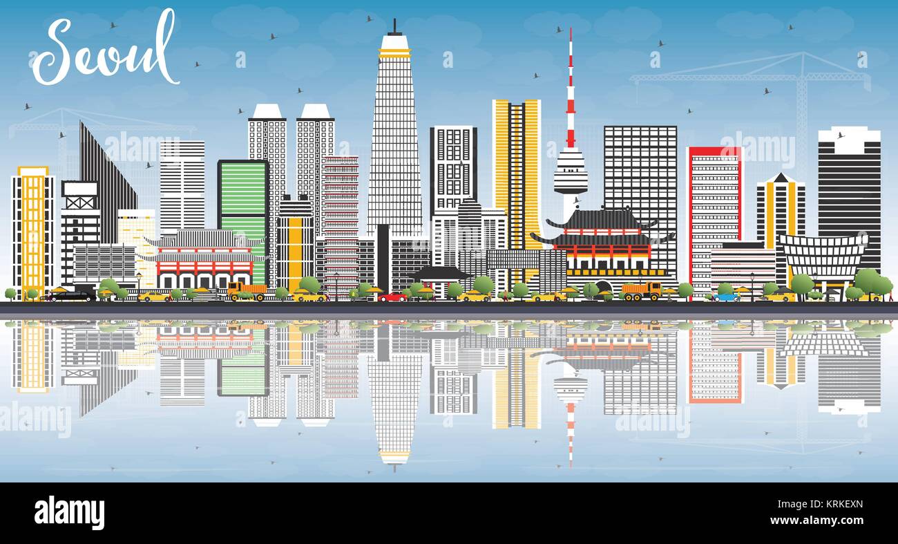 Seoul Korea Skyline with Color Buildings, Blue Sky and Reflections ...