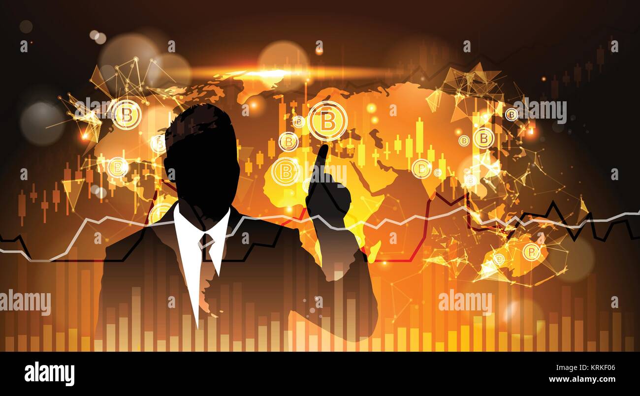 Silhouette Business Man Point Finger To Bitcoin Over World Map Crypto Currency Concept Digital ...