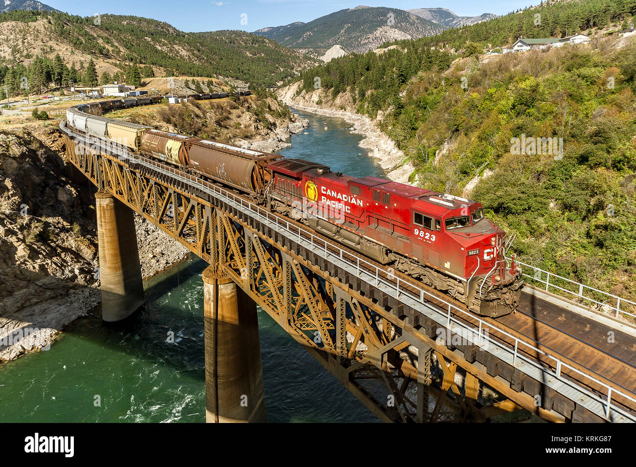 CPR grain freight westbound led by loco 9823 over Lytton Bridge BC ...