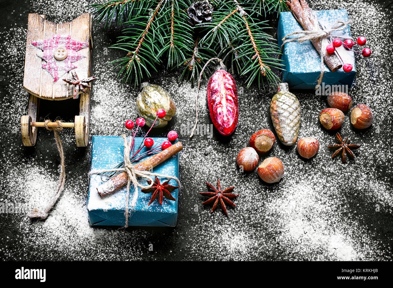 Box with Christmas present and Santa Claus's sledge Stock Photo - Alamy