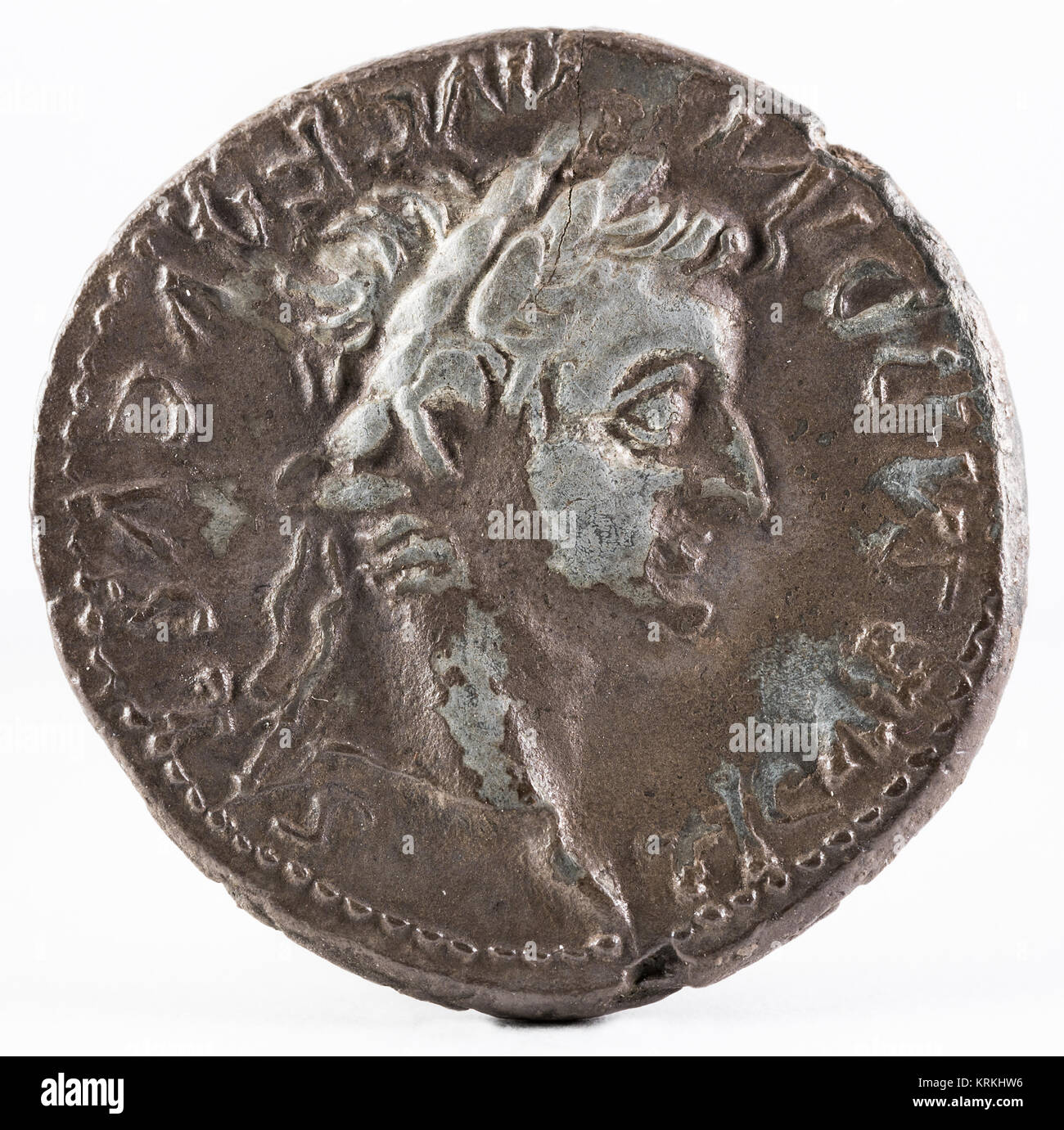 Ancient Roman silver denarius coin of Emperor Tiberius. Obverse Stock ...