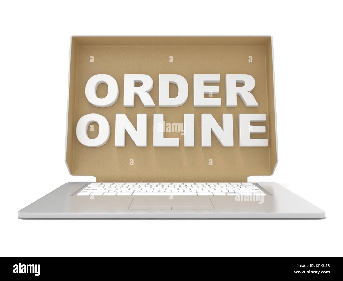 Cardboard box cover with ORDER ONLINE sign on laptop. Front view. 3D ...