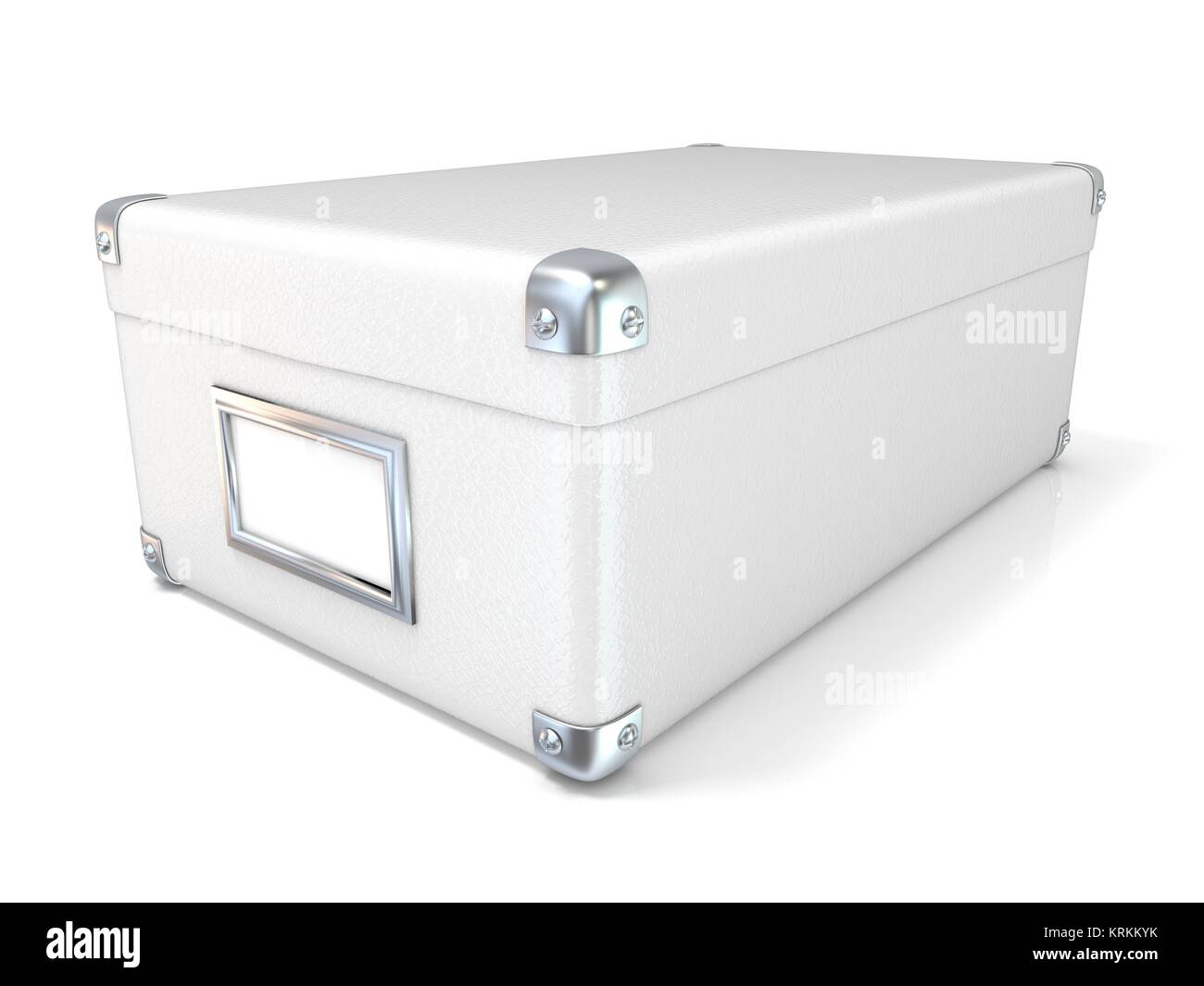 White leather closed box, with chrome corners and blank label. Side ...