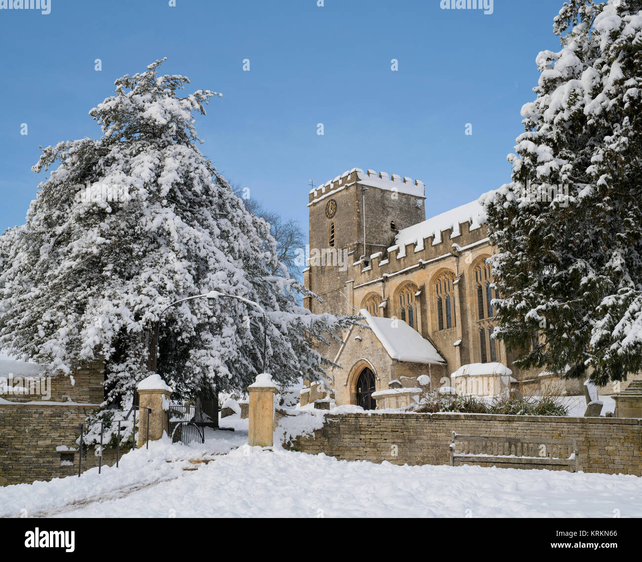 St Andrew's Church in Chedworth village in the december snow. Chedworth ...