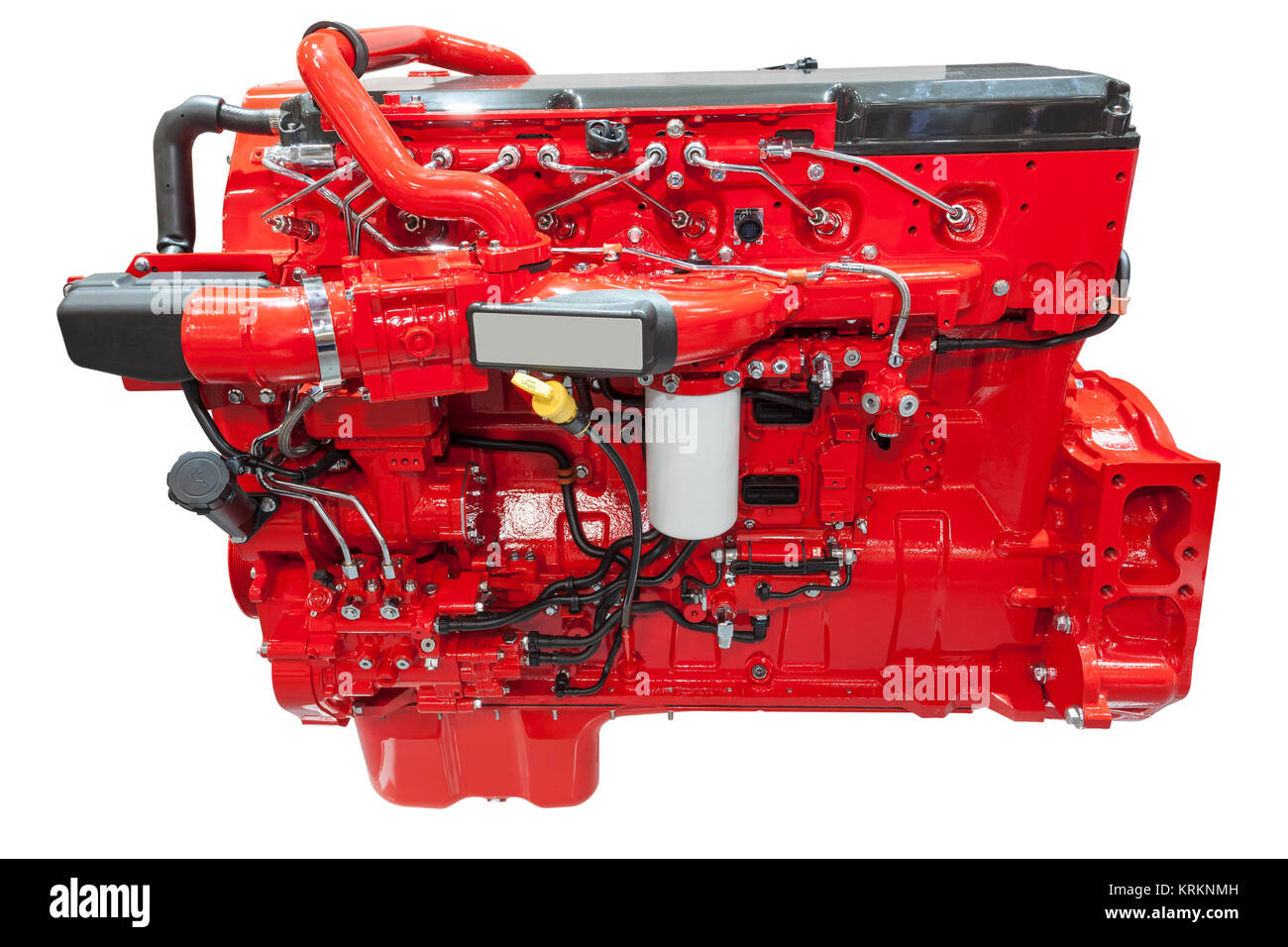 Modern six cylinder heavy duty diesel engine isolated on white ...