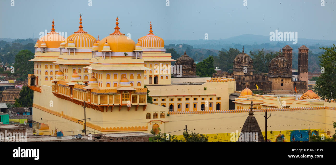 Orchha cityscape, kitsch yellow Ram Raja temple. Also spelled Orcha ...